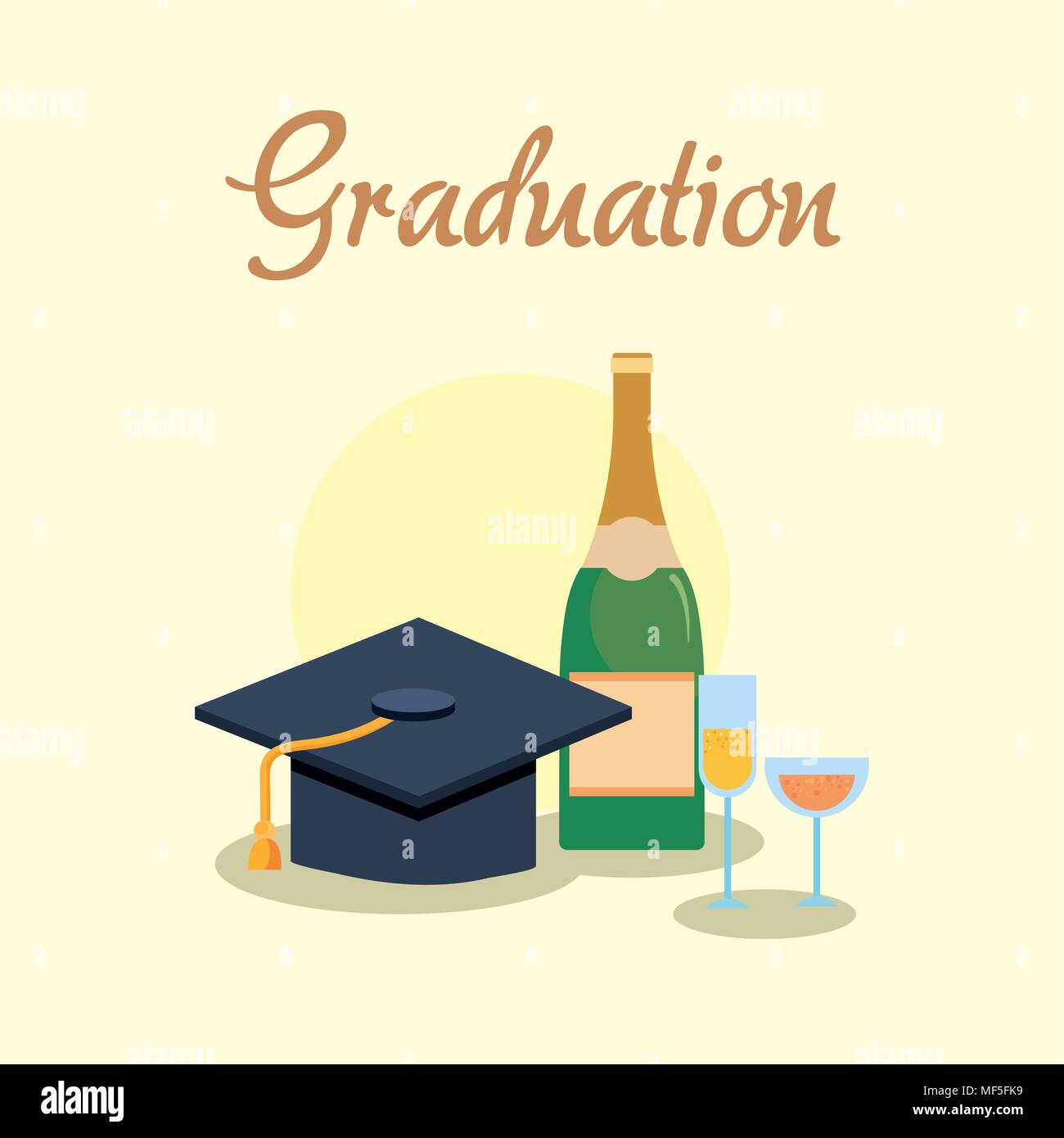 graduation design with graduation cap and champagne bottle over yellow ...