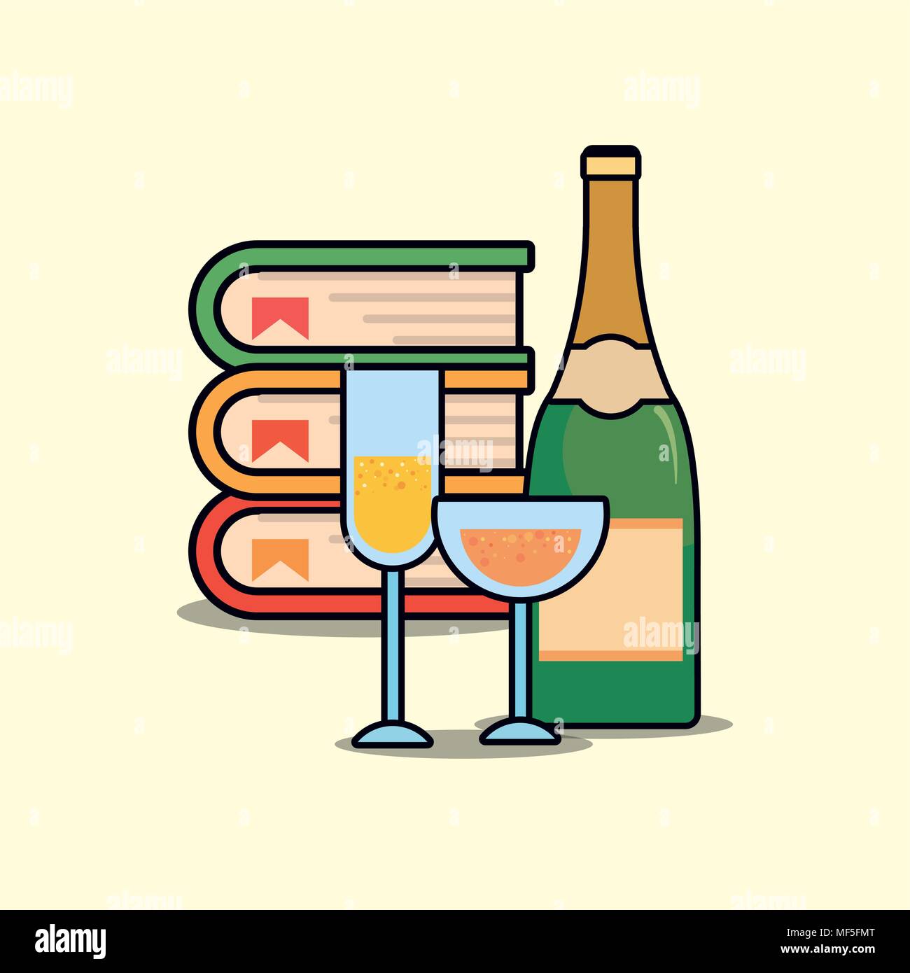 stack of books and champagne bottle and glasses over yellow background ...
