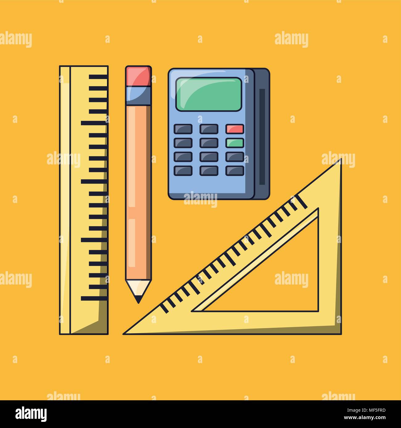 calculator with rulers and pencil over yellow background, colorful ...