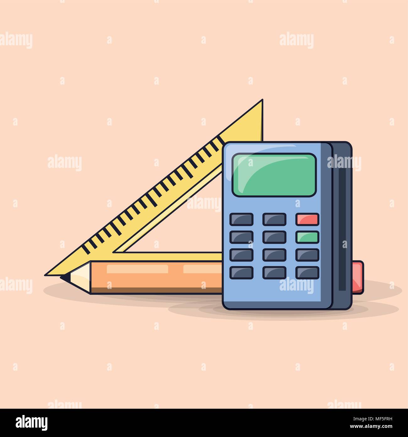 calculator with ruler and pencil over orange background, colorful ...