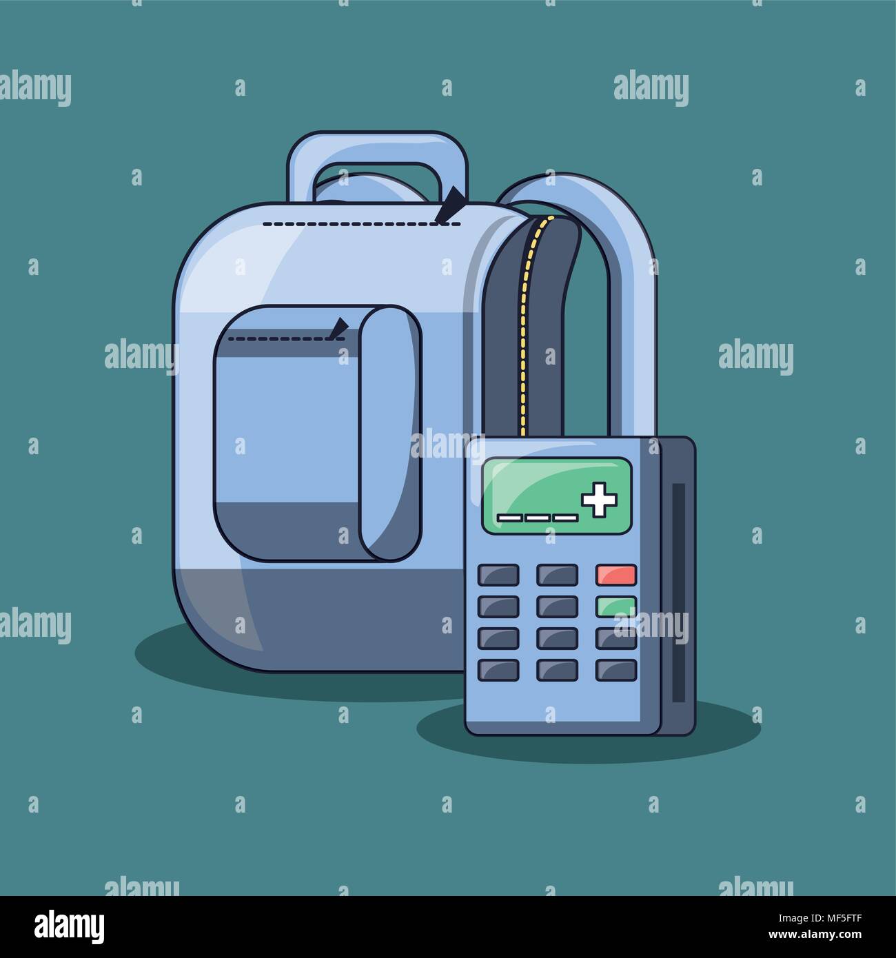 school backpack and calculator over blue background, colorful design ...