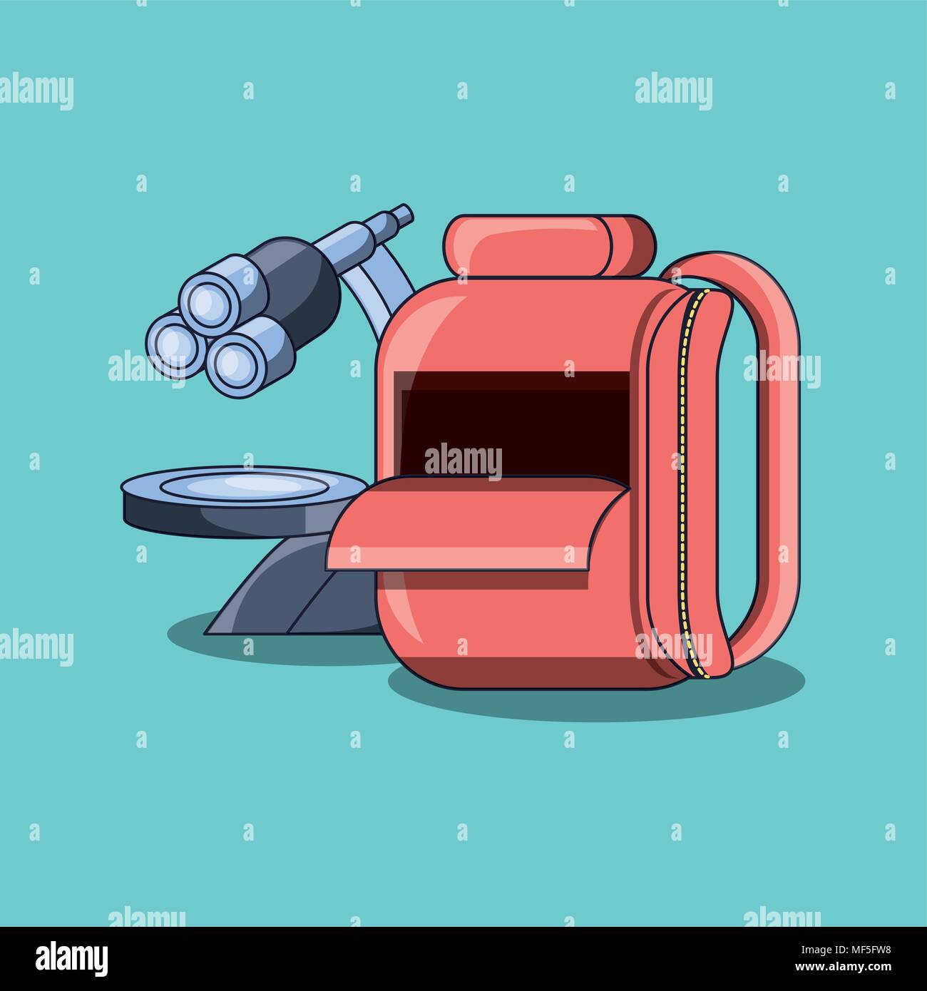 microscope tool and school backpack over blue background, colorful design. vector illustration ...