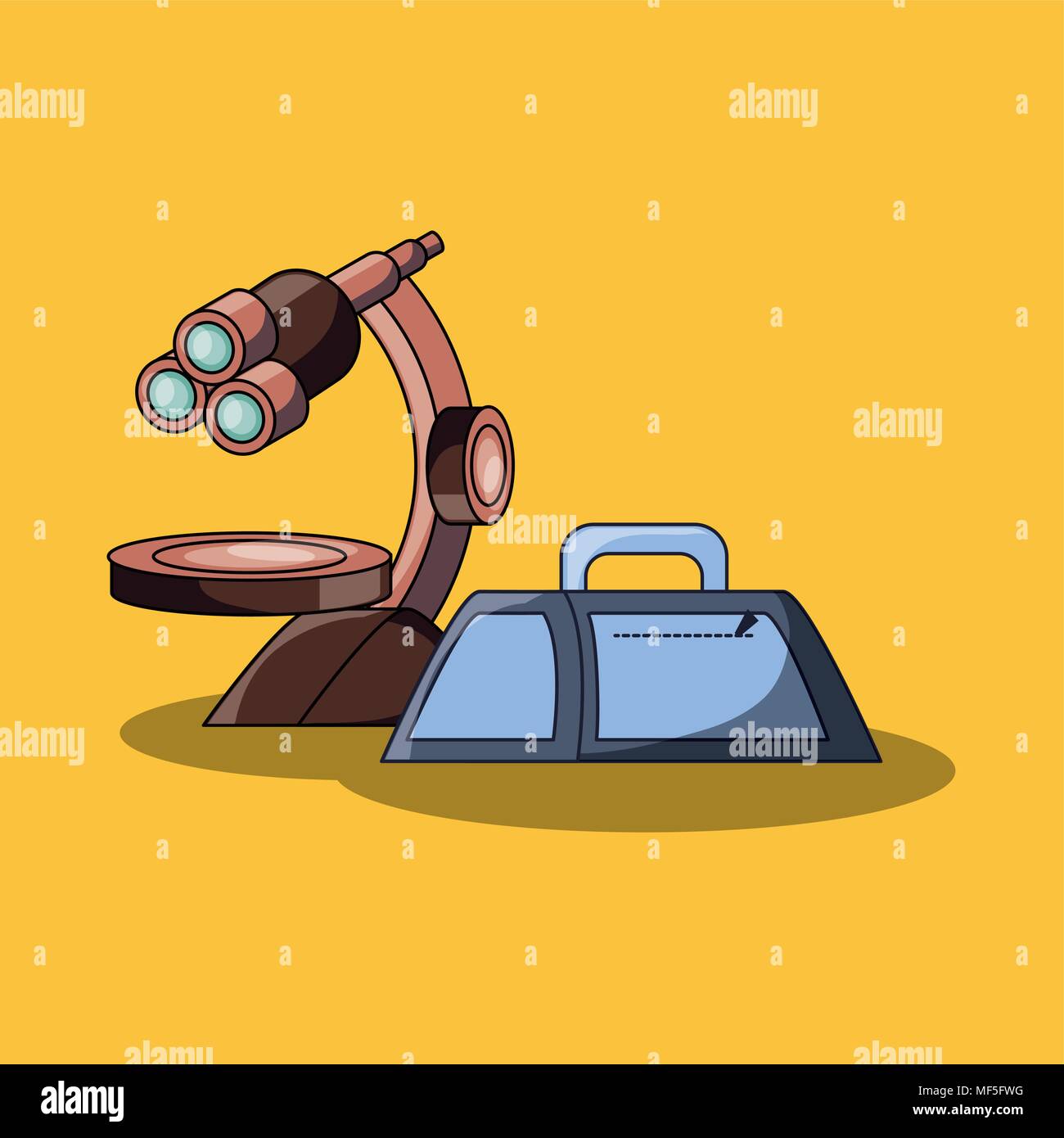 microscope tool and pencil case over yellow background, colorful design ...