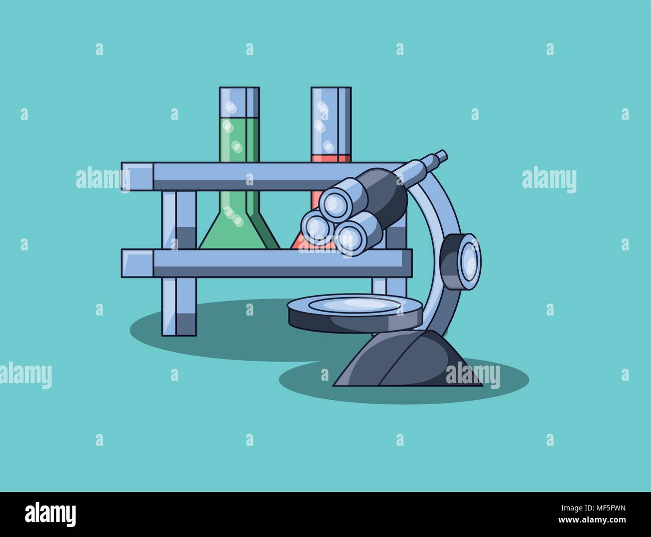 chemical flasks and microscope over blue background, colorful design ...