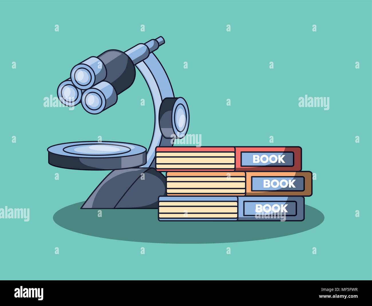 microscope tool and stack of books over blue background, colorful ...