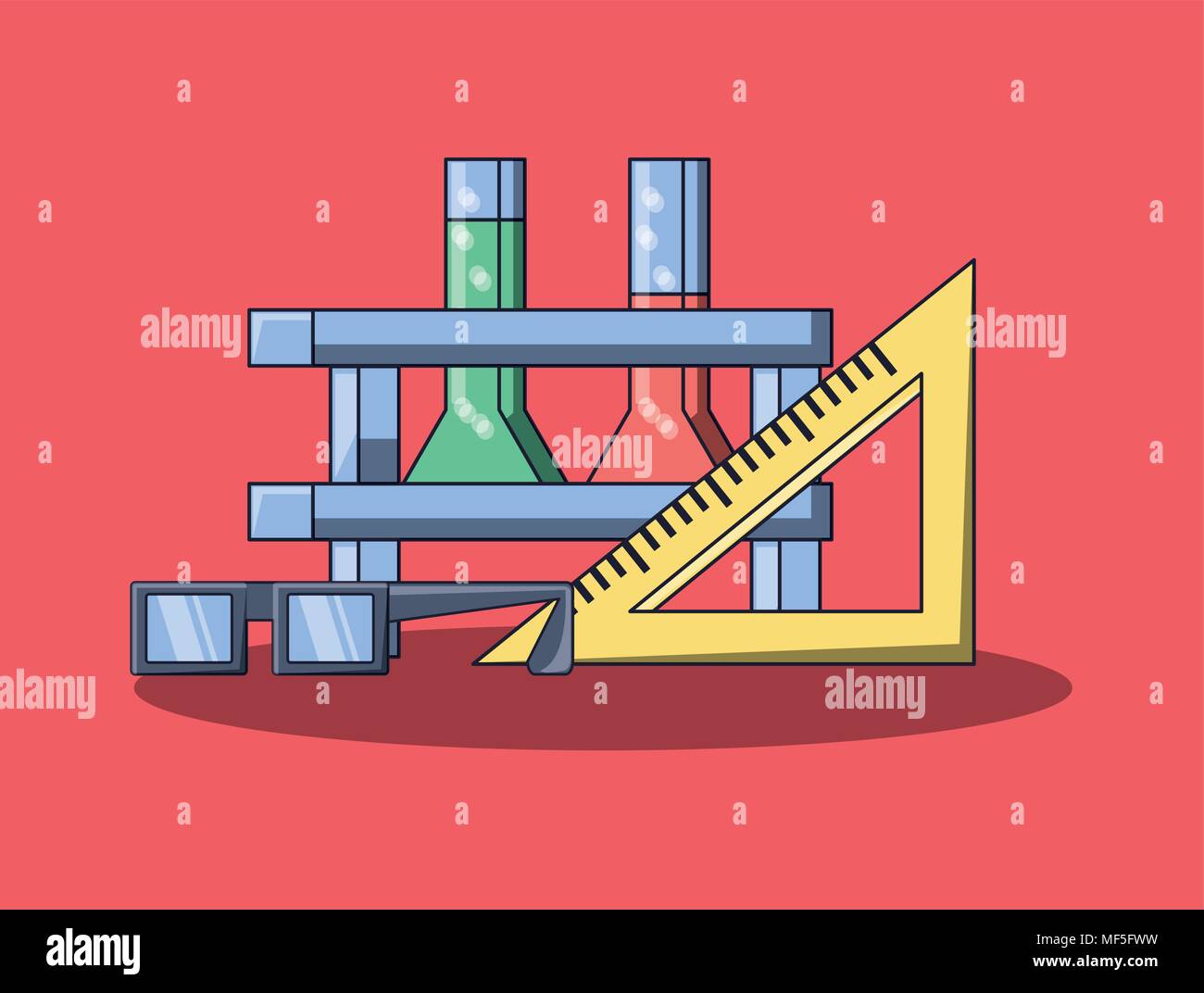 chemical flasks and ruler over red background, colorful design. vector ...