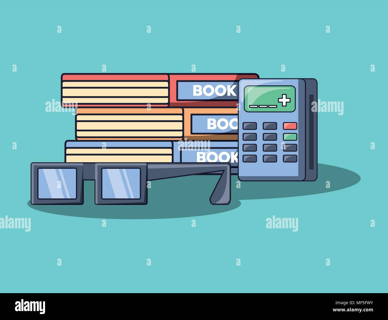 calculator with books and glasses over blue background, colorful design ...