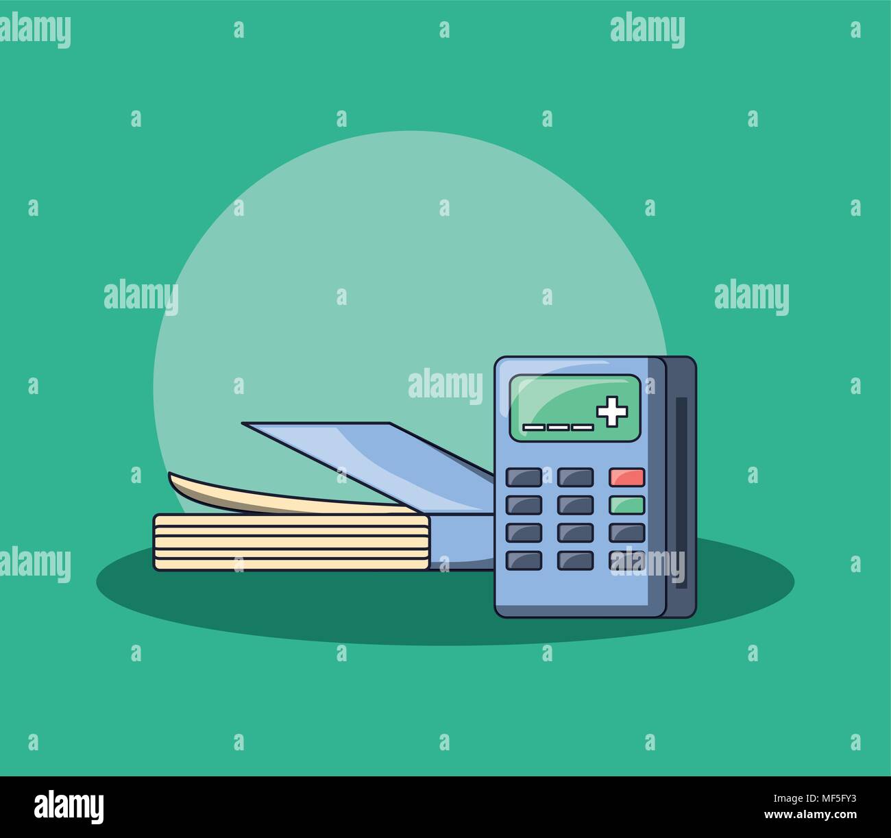 calculator and book over turquoise background, colorful design. vector ...