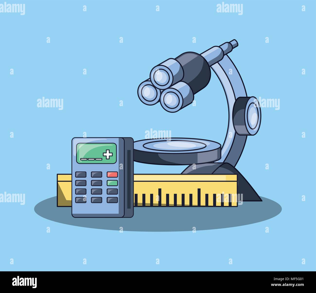 microscope tool with calculator and ruler over blue background ...