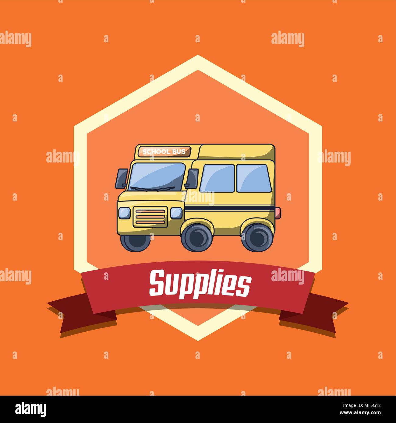 school supplies emblem with school bus icon over orange background ...