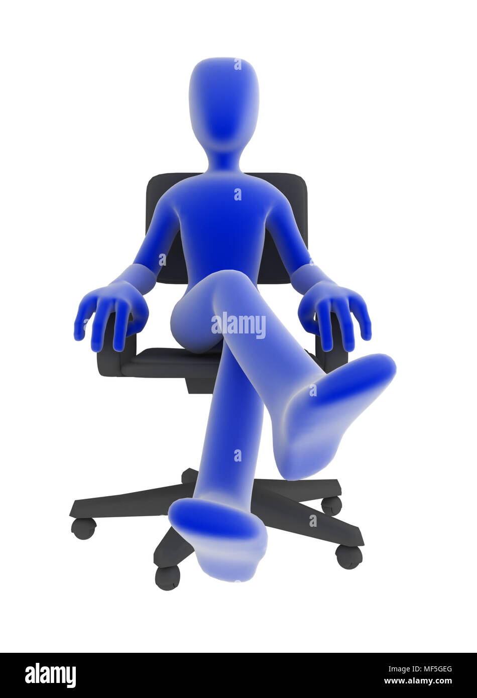 A blue 3d figure illustration, chair sitting legs crossed, front view ...