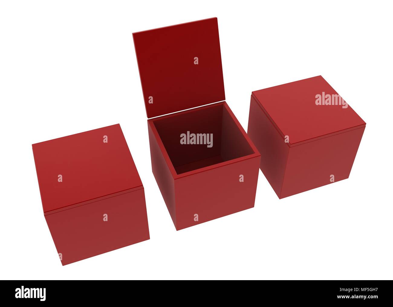 3 red 3d boxes, in a row, middle one open Stock Photo - Alamy