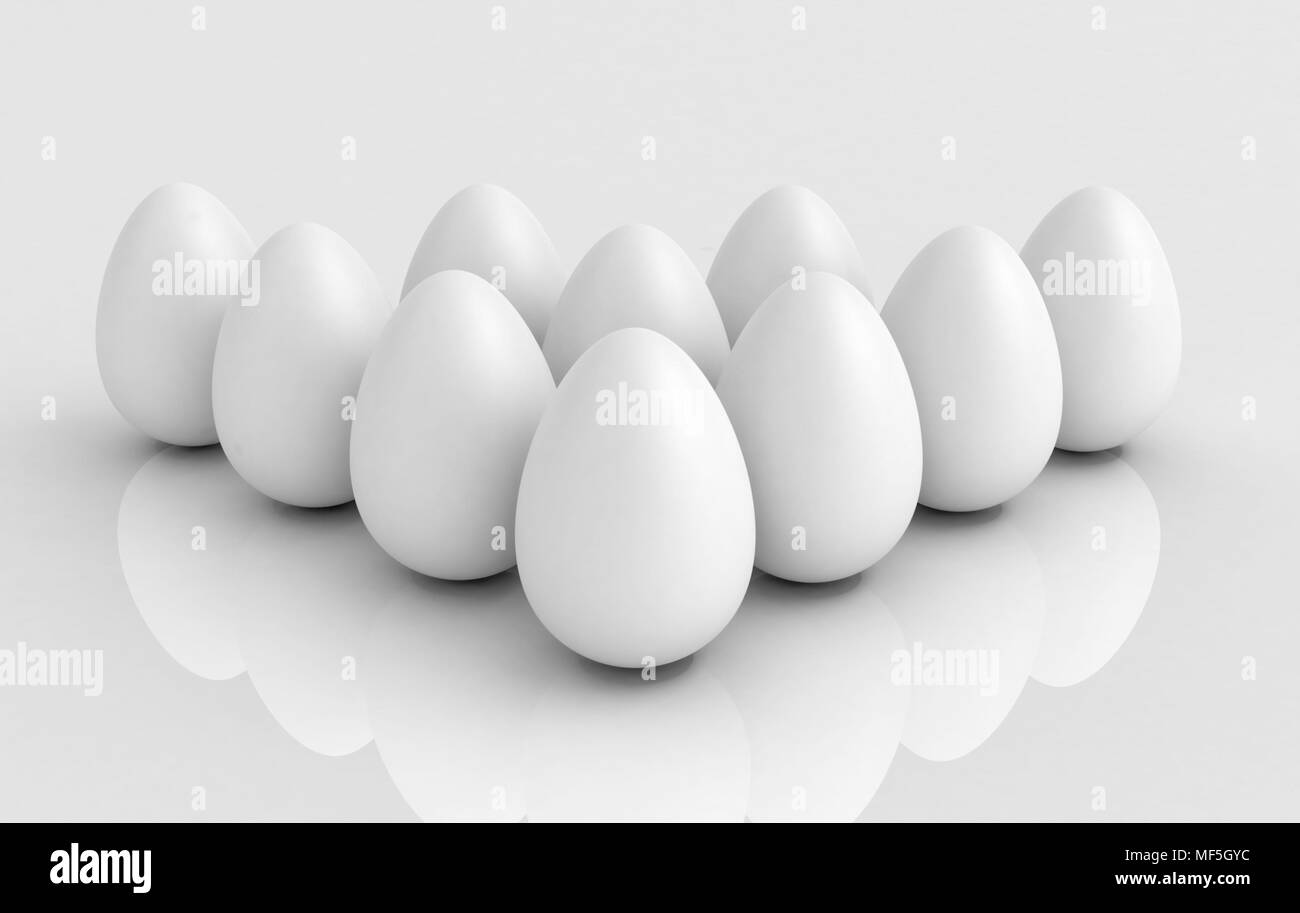 Rendering 3d of multiple egg shapes forming a triangle, horizontal ...