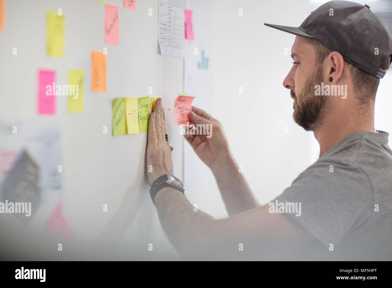 Casual man putting a sticky note on board Stock Photo - Alamy
