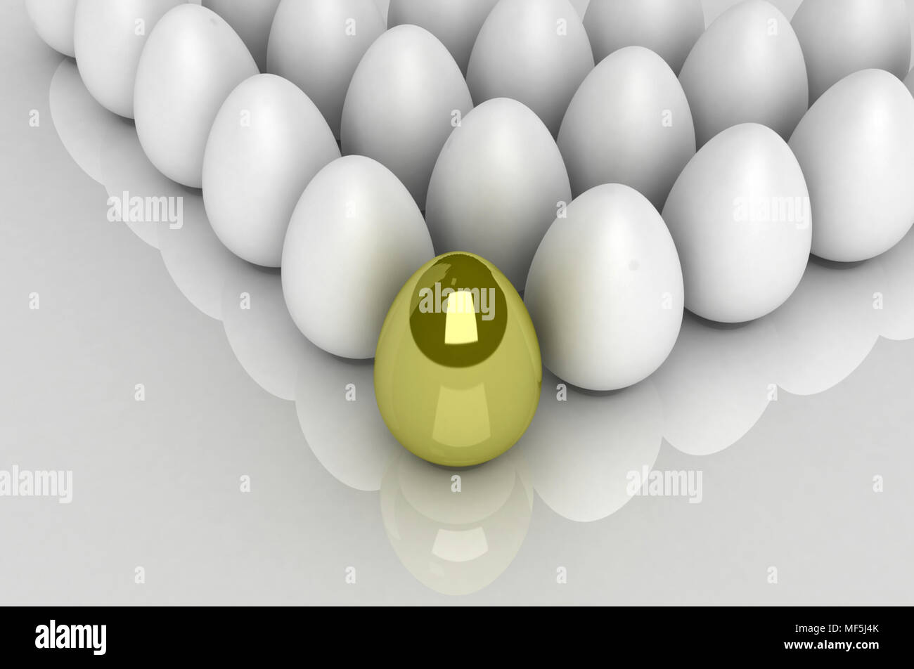 Rendering 3d of rows of egg shapes on a reflective surface, horizontal ...