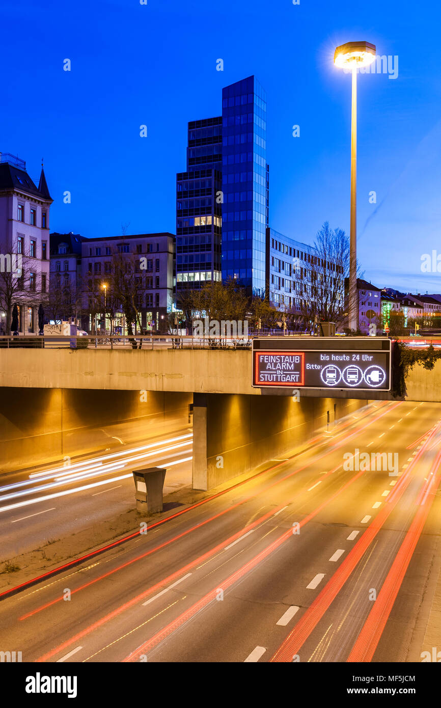 Germany, Stuttgart, Warning sign for particulate pollution on street ...