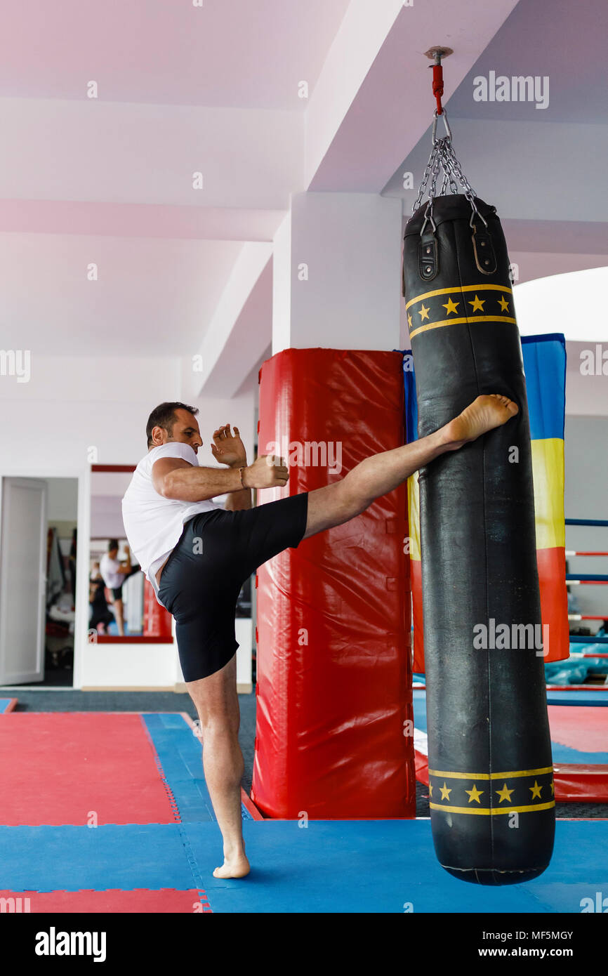 Kickbox fighter training in a gym with punch bags, see the whole series ...