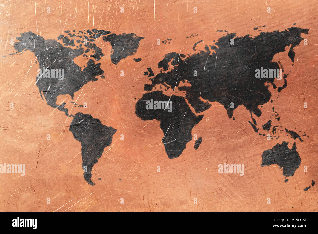 World map on copper background. Copper and black color Stock Photo - Alamy