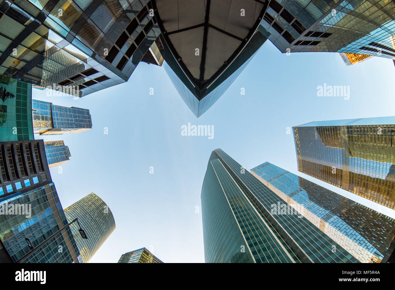 Perspective low angle view of modern glass skyscrapers facades Stock ...
