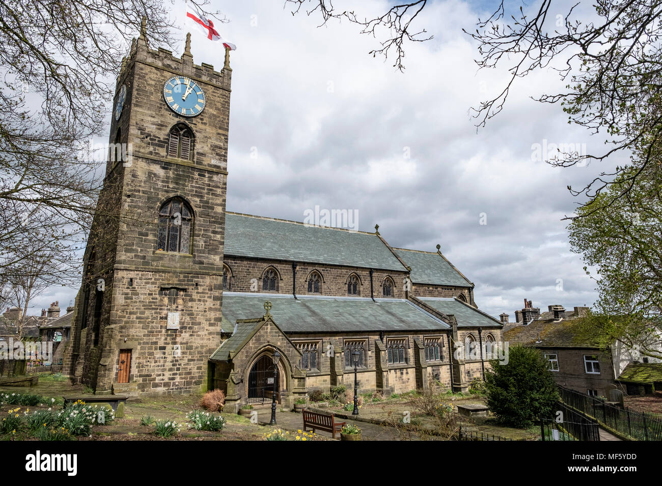 England, Yorkshire, Haworth, Parish Church, clock tower with St George ...