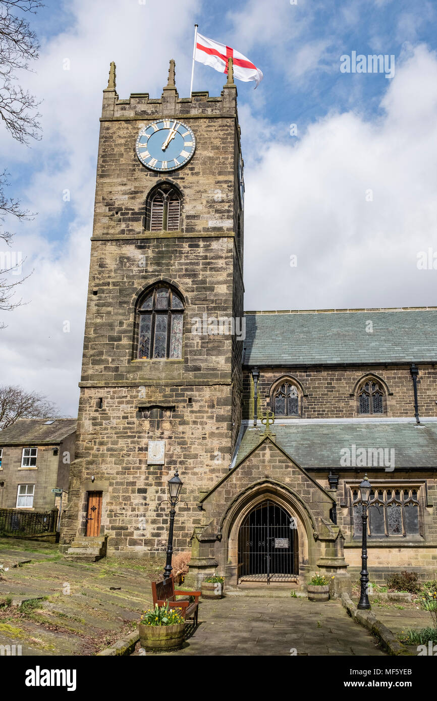 England, Yorkshire, Haworth, Parish Church, clock tower with St George ...