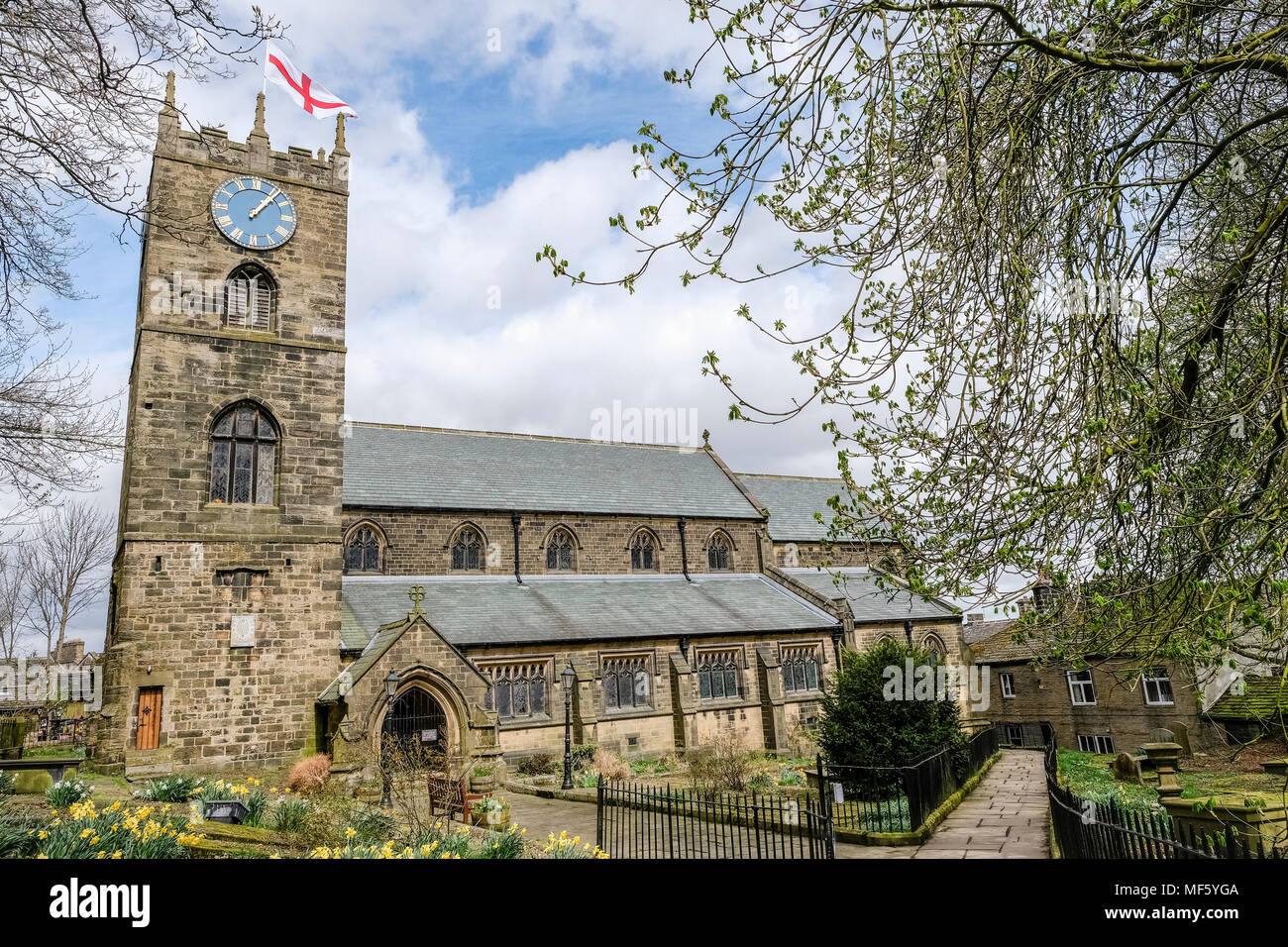 England, Yorkshire, Haworth, Parish Church, clock tower with St George ...