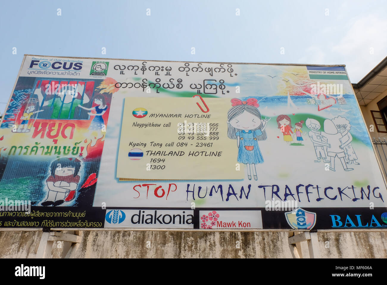 April 3 2017 - Kyaing Tong, Myanmar. 'Stop human trafficking' signboard ...
