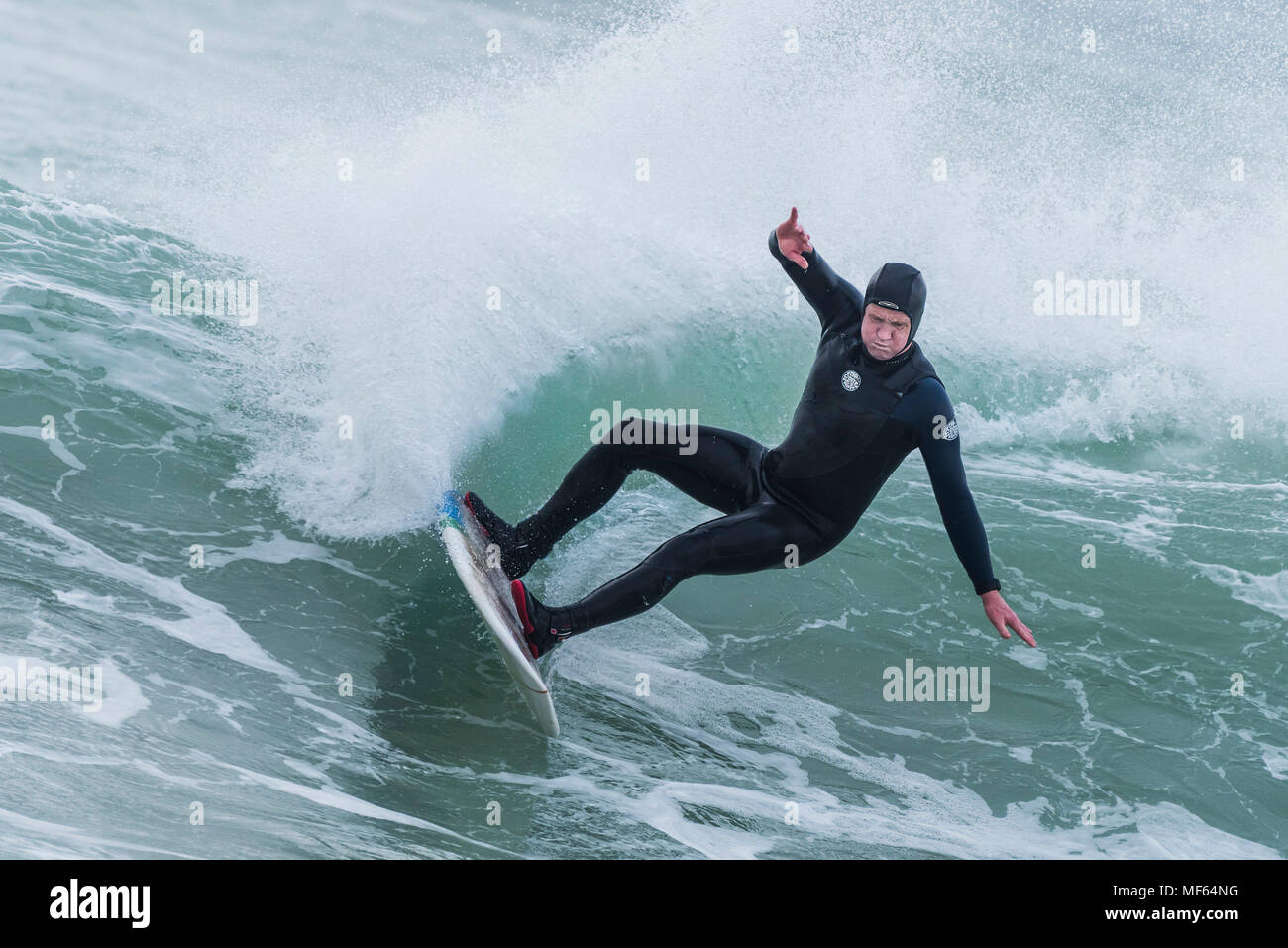 Spectacular surfing action at Fistral Beach in Newquay Cornwall Stock ...