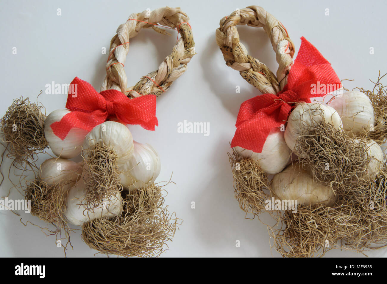 Braid of garlic on white background Stock Photo - Alamy