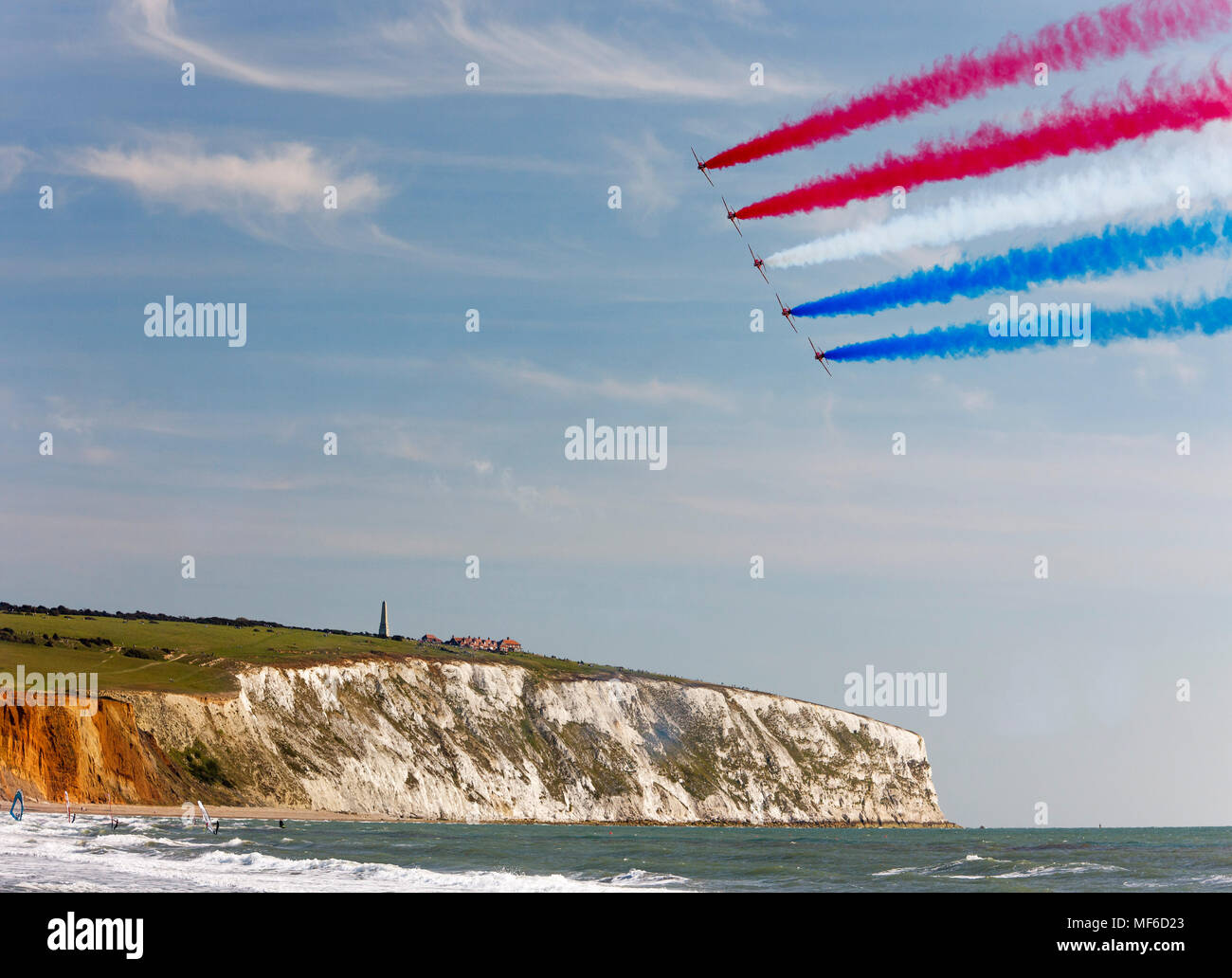 Red Arrows aircraft display over the sea at Sandown, Isle of Wight ...