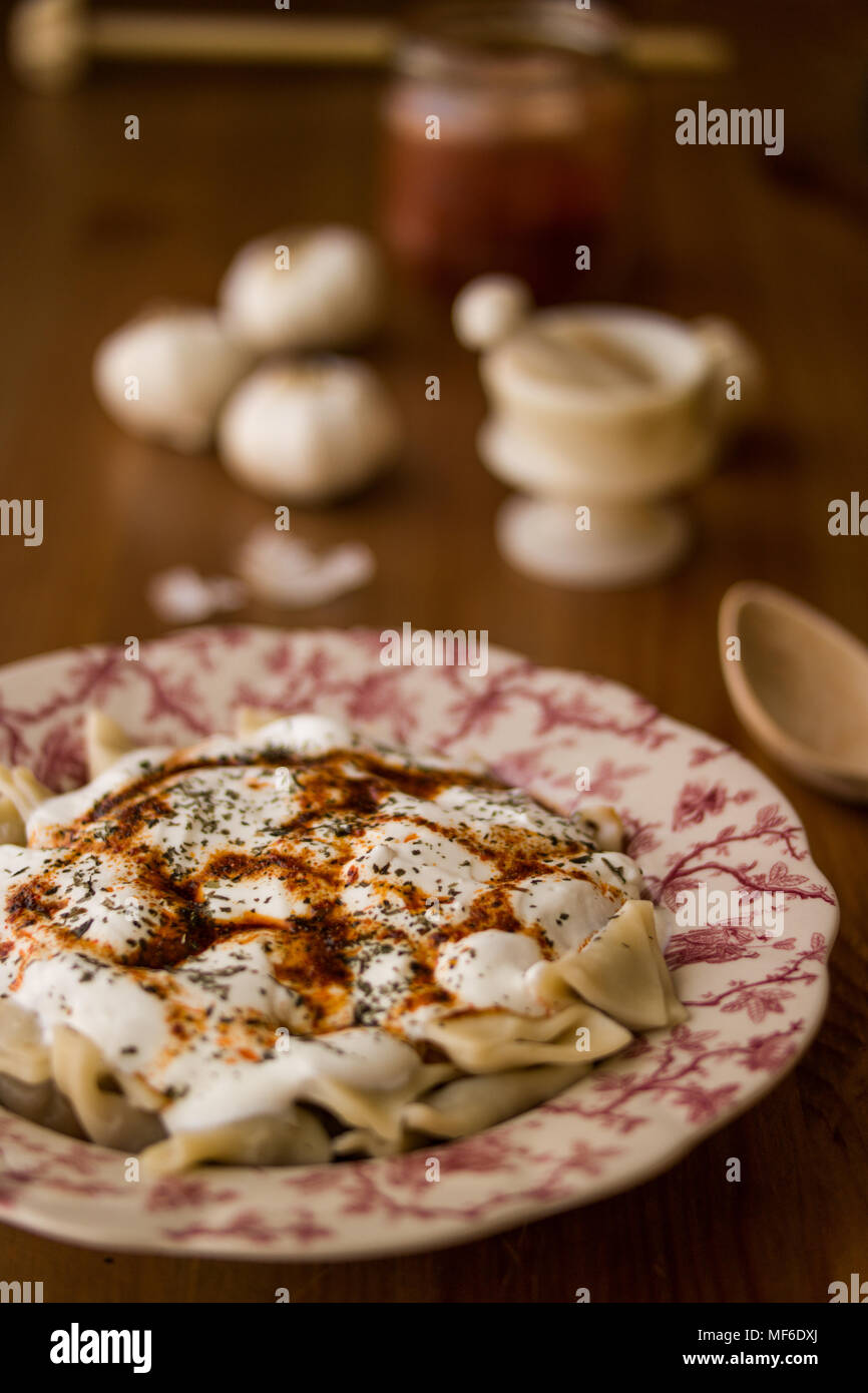 Turkish Manti Manlama / Ravioli with yogurt, fried butter sauce and ...