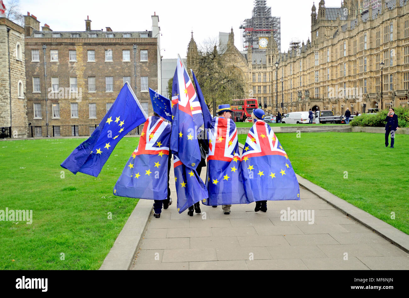 London, UK. Pro-European Union protester wearing EU and Union flags on ...