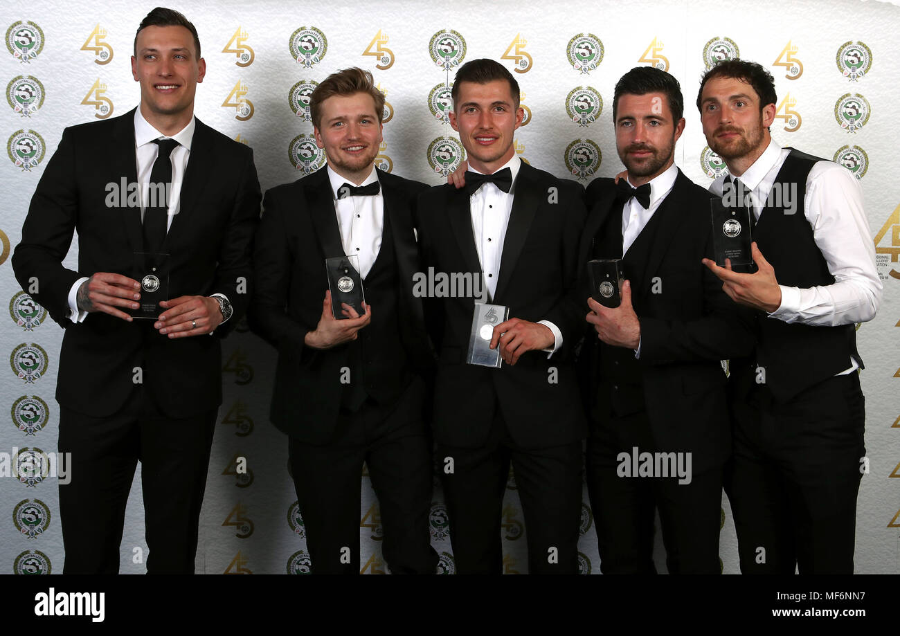Luton Town's (L-R) Marek Stech, Luke Berry, Dan Potts, Alan Sheehan ...