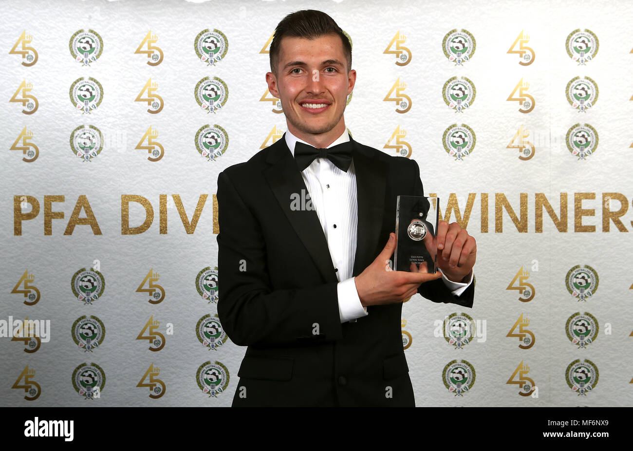 Luton Town's Dan Potts poses with the PFA League Two Team of the Year award during the 2018 PFA ...