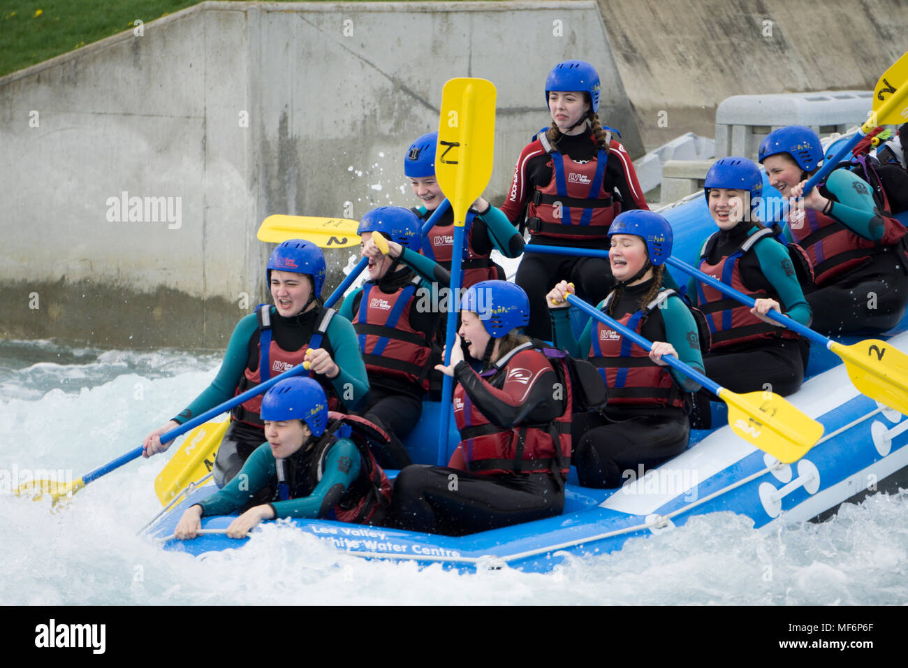 LONDON, UK - APRIL 21st 2018: People enjoy rafting the white water ...