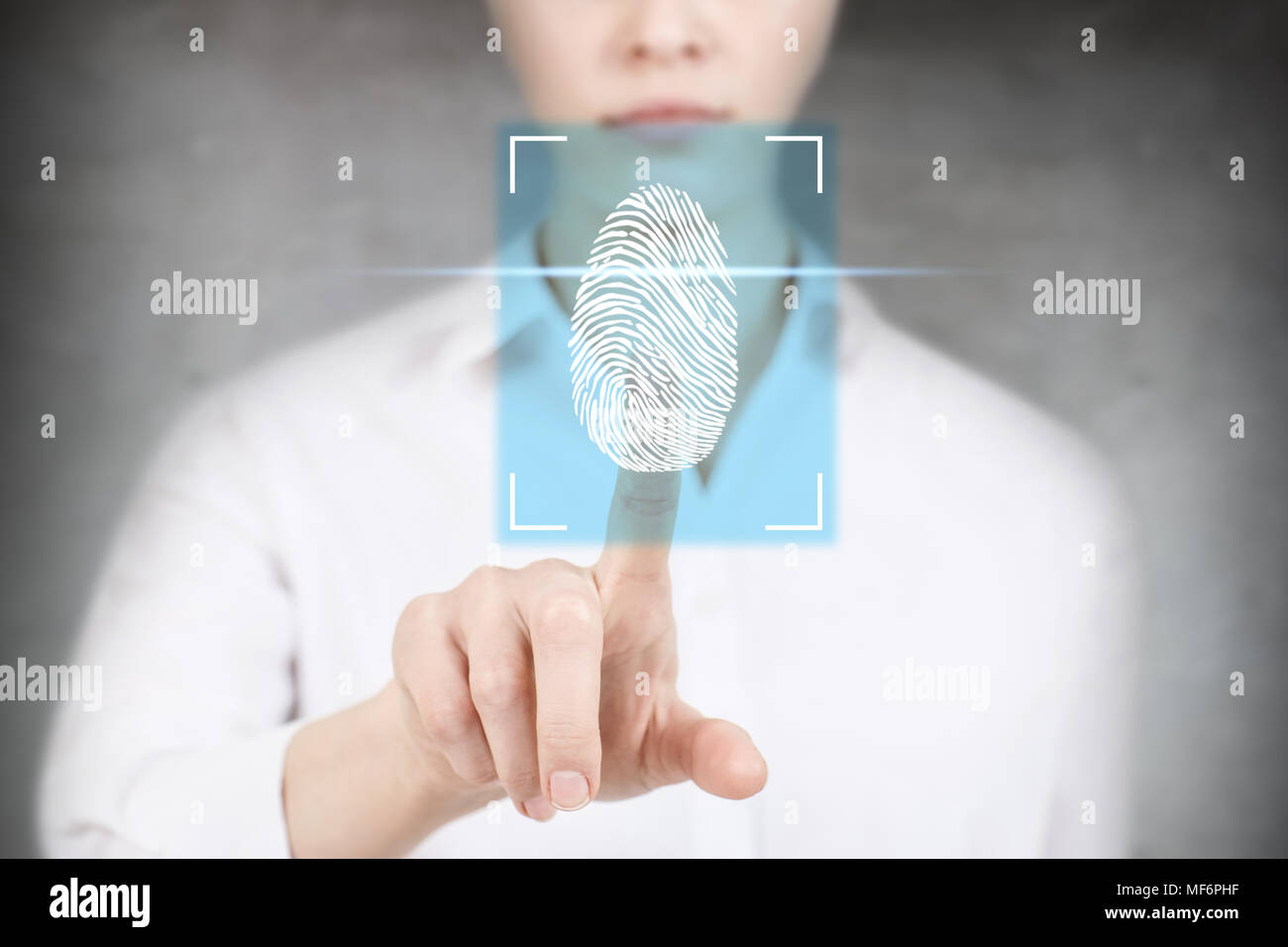 Woman pressing on virtual button with dactyloscopy scanner Stock Photo ...