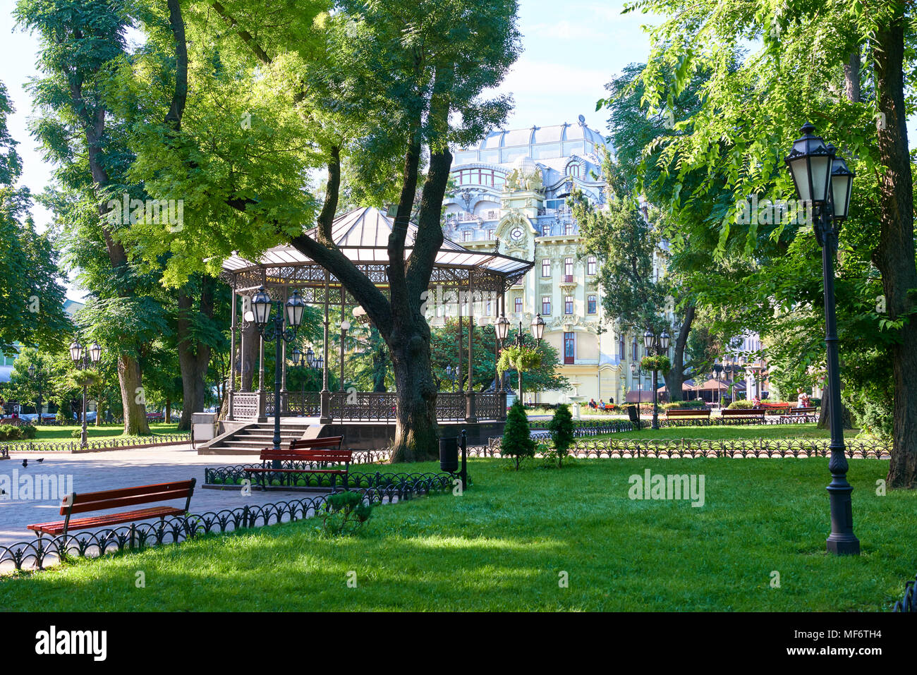 summer city park, bright sunlit, green trees and shadows Stock Photo ...