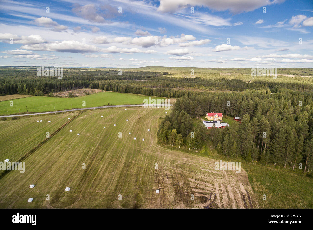 Farmhouse aerial with fields, forests and a country road Stock Photo ...