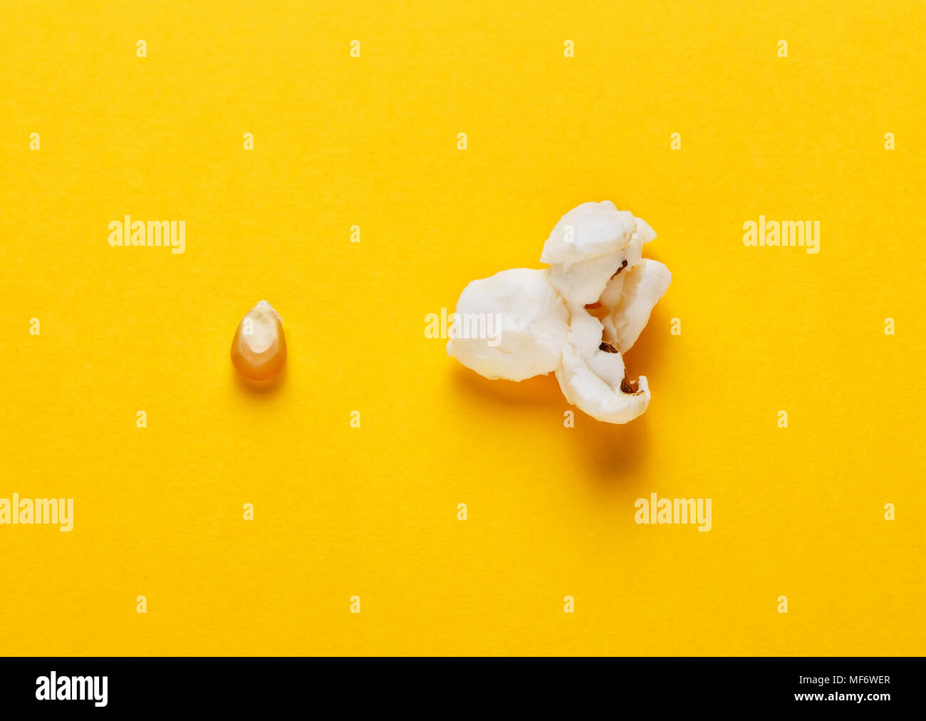 Corn grain and popcorn on yellow background. Concept of evolution and ...