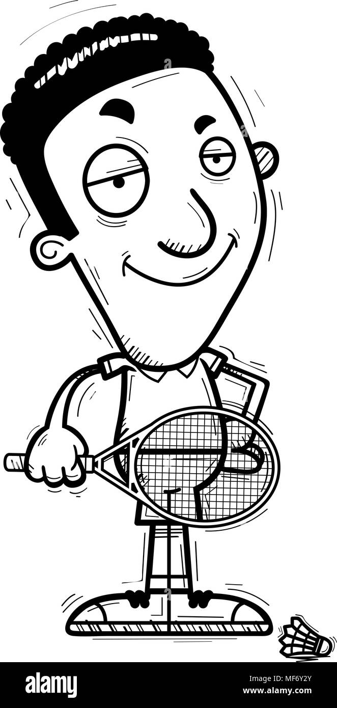 A cartoon illustration of a black man badminton player looking ...