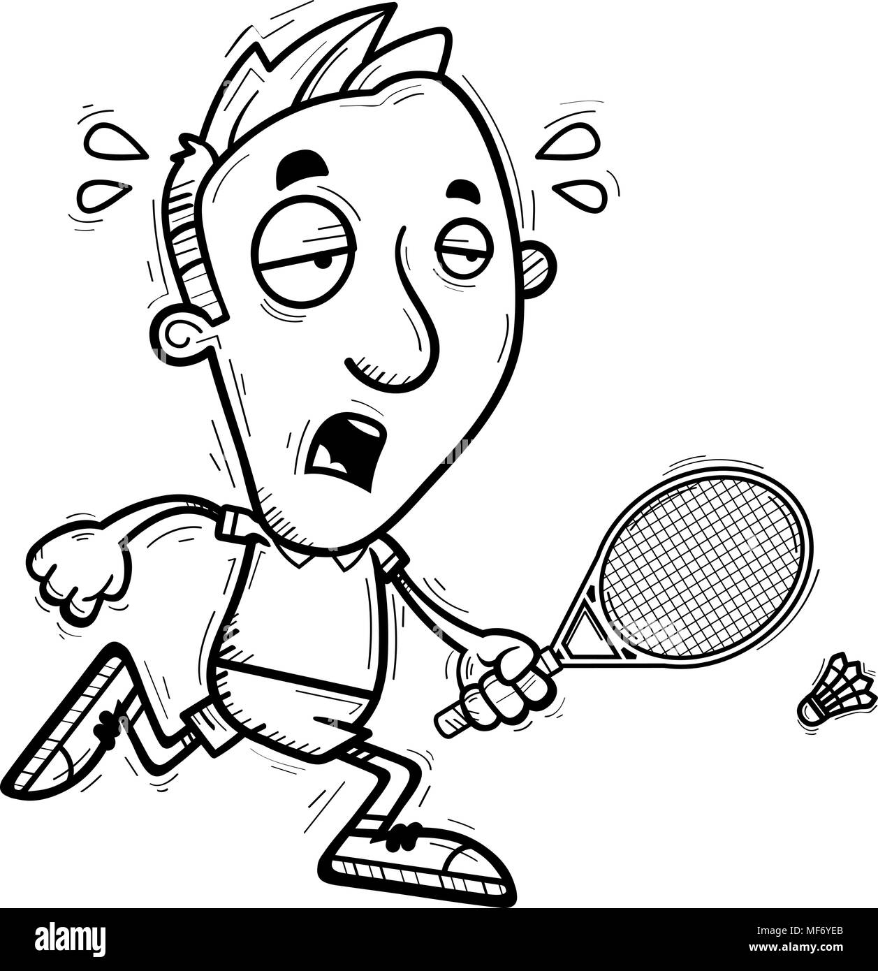 A cartoon illustration of a man badminton player running and looking ...