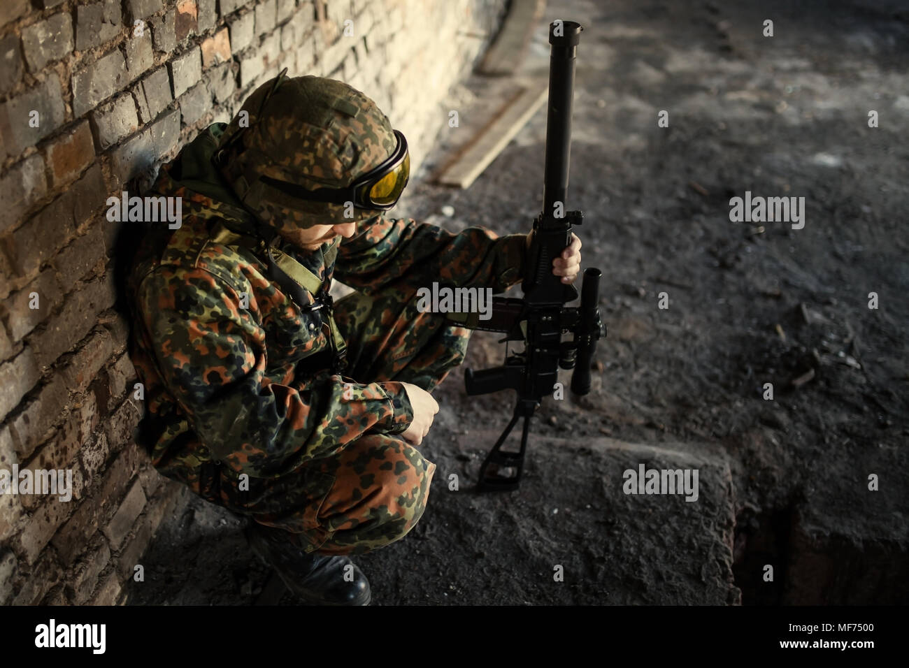 A thoughtful soldier, resting from a military operation Location of ...