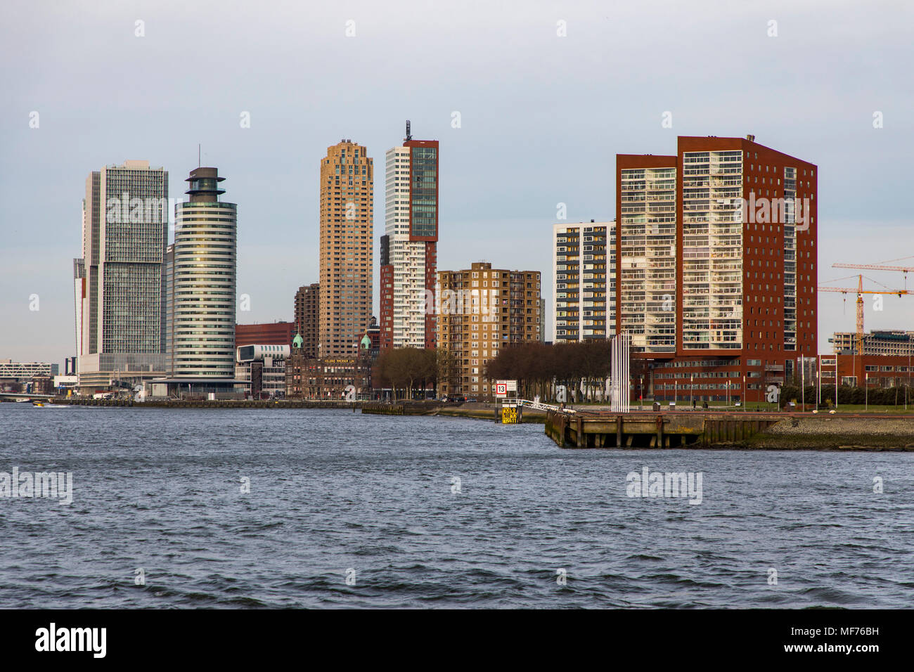 The skyline of Rotterdam, on the Nieuwe Maas, river, skyscrapers at the ...