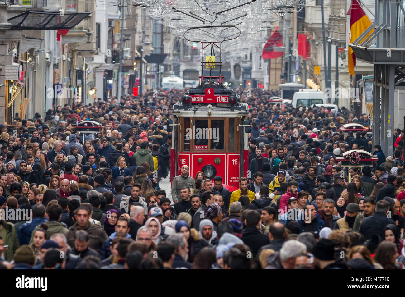 ISTANBUL, TURKEY - JANUARY 20, 2018: Historic Red Tram on Istiklal ...