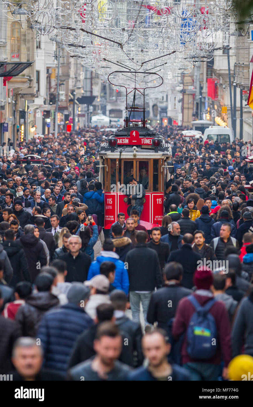 ISTANBUL, TURKEY - JANUARY 20, 2018: Historic Red Tram on Istiklal ...