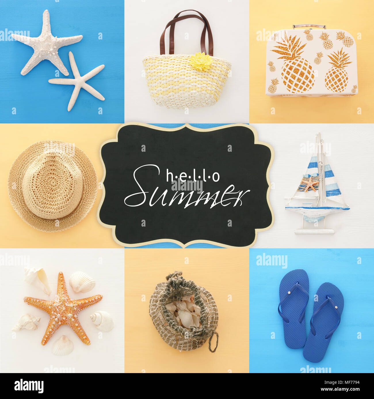 nautical collage with sea life style objects over blue and white wooden ...