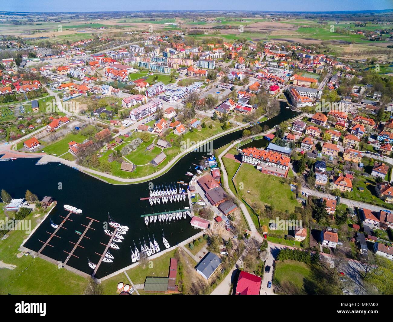 Aerial view of yachts moored in marina in Wegorzewo, Poland (former ...