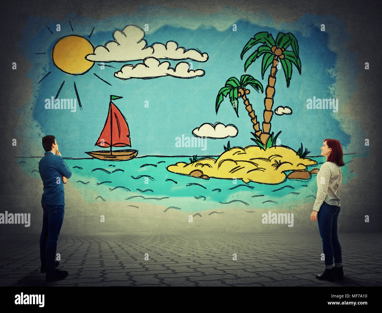 Thinking positive businessman and woman choosing holiday destination ...