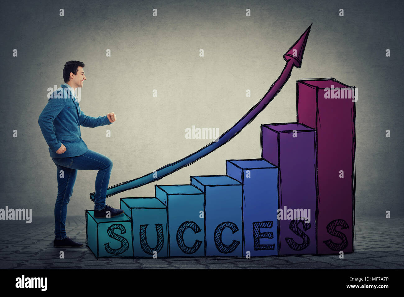 Confident smiling businessman stepping on staircase as a rising graph ...