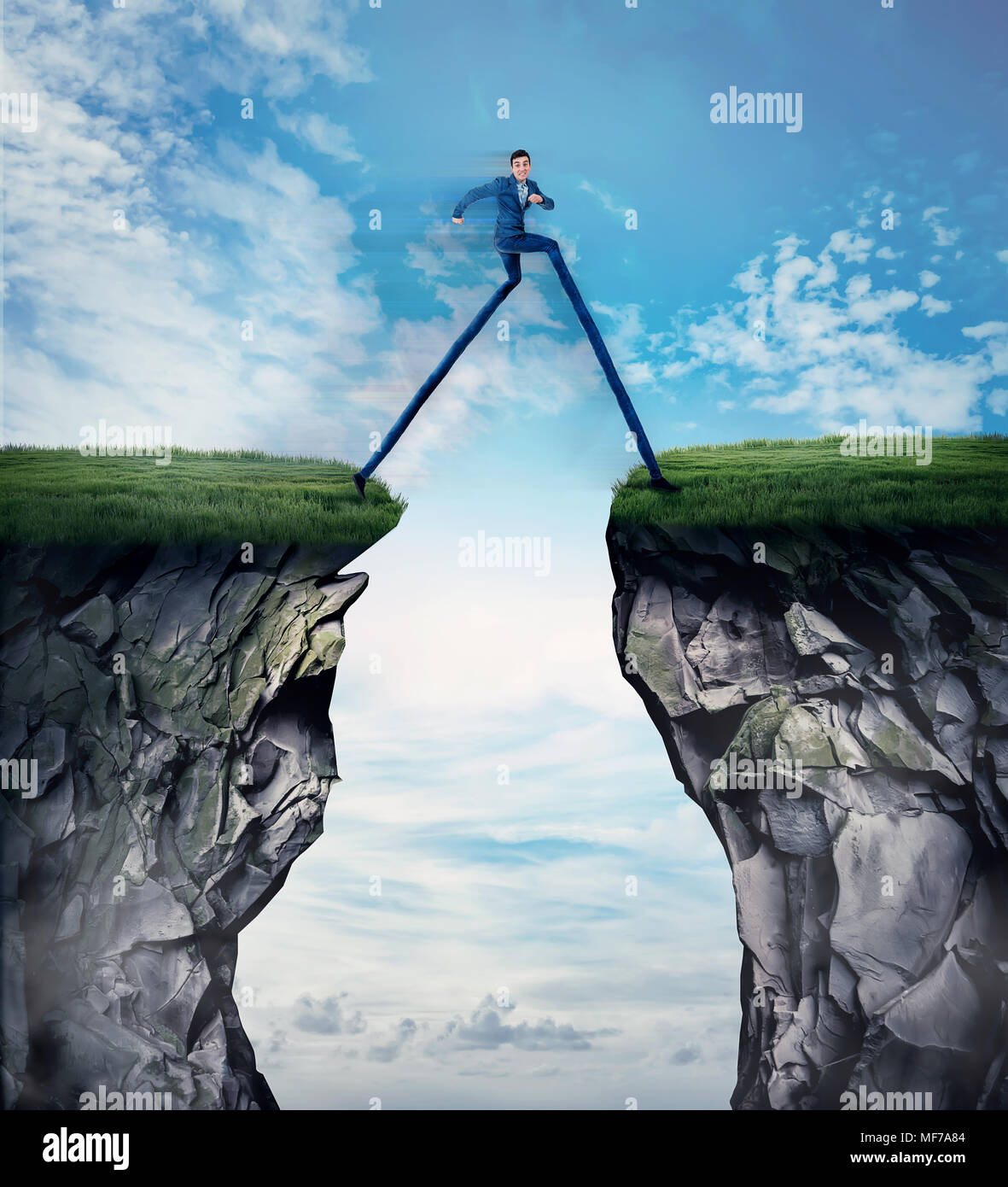 Fantasy business concept as a businessman with long legs run and leap ...